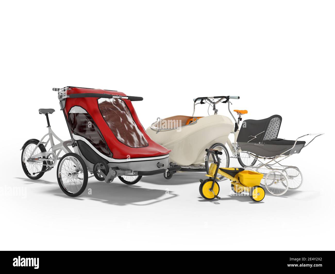 3d rendering group of transport for children and parents bike stroller on white background with ...