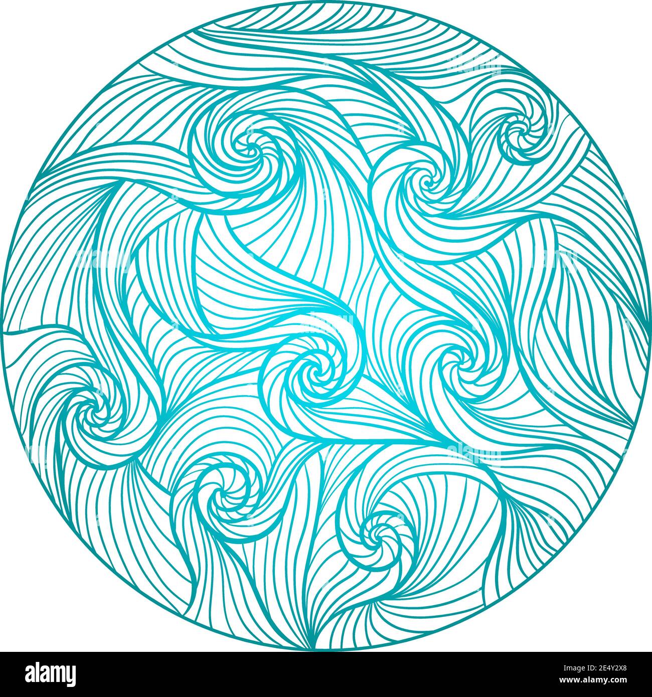 Vector illustration in line art style. Abstract round sea wave mandala ...