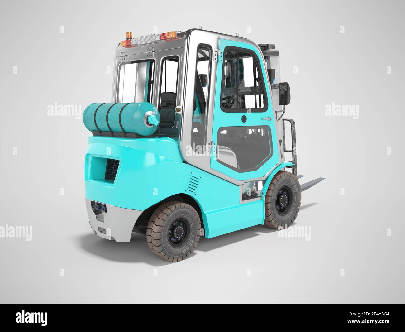 3d rendering of blue forklift with cab rear view on gray background ...