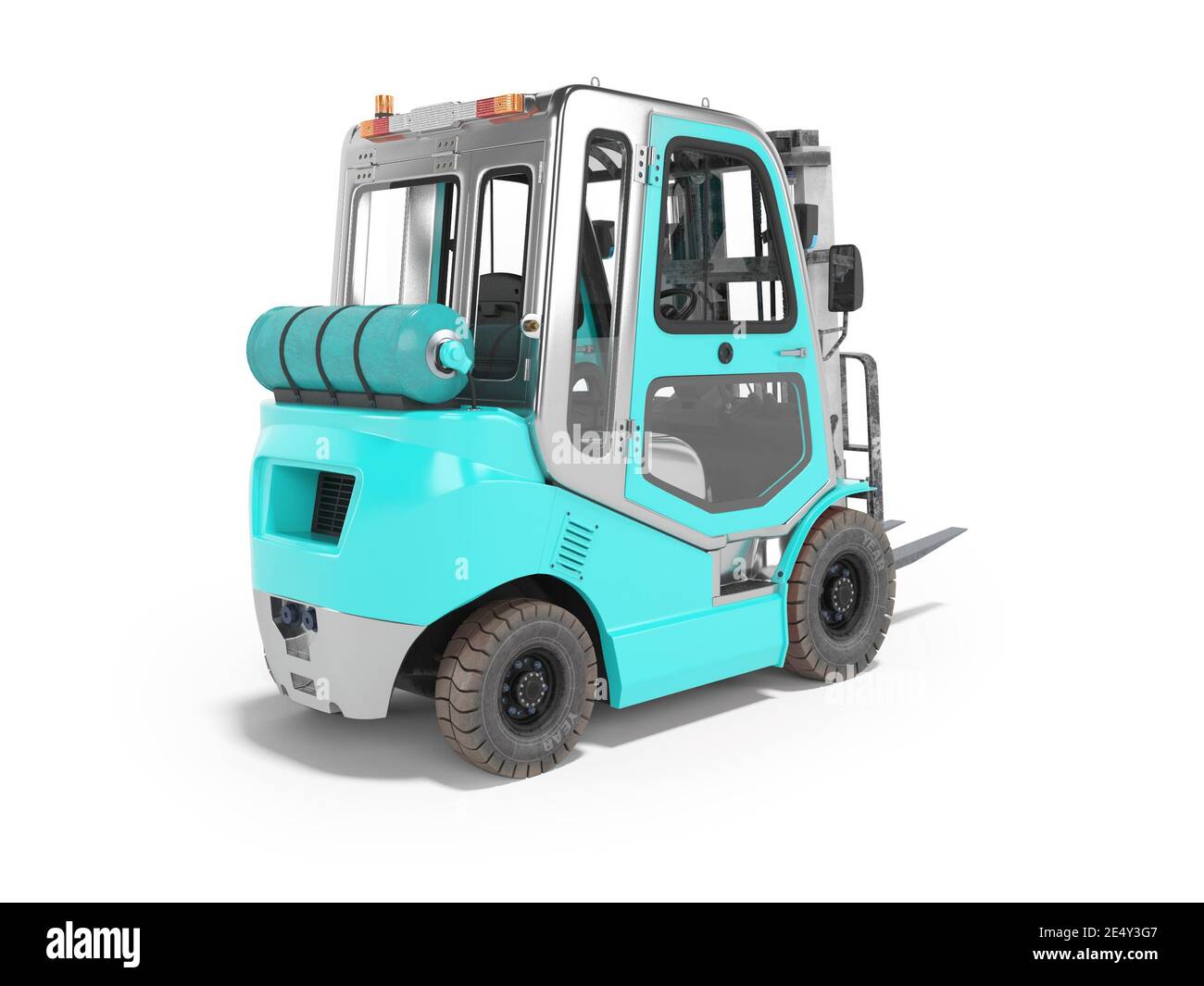 3d rendering of blue forklift with cab rear view on white background ...