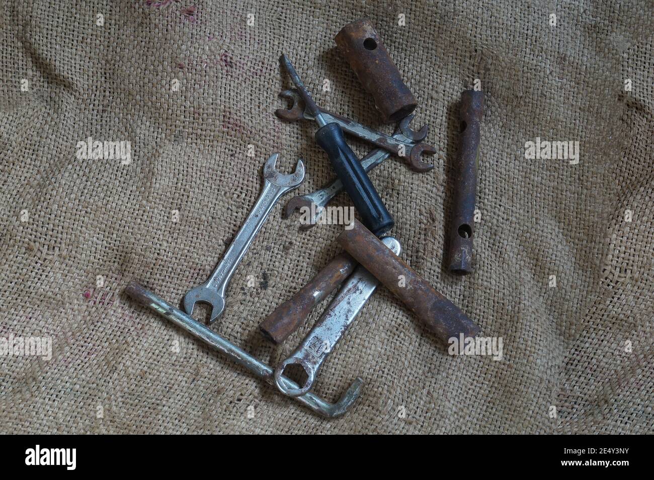 Set of Old rusted Mechanical tools Stock Photo - Alamy