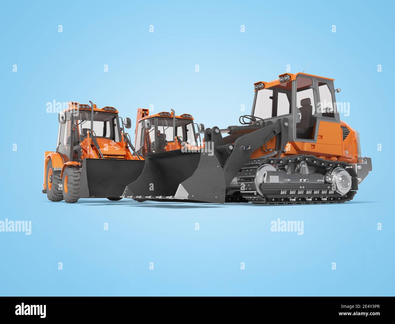 3D rendering of crawler excavator and two backhoe loader on blue ...