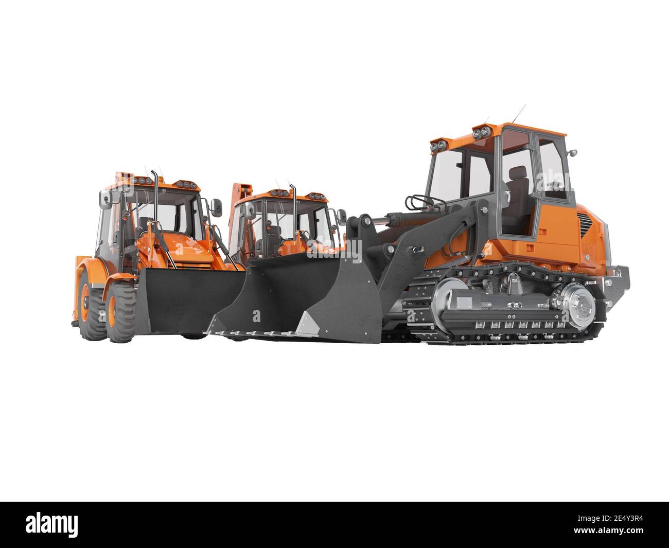 3D rendering of crawler excavator and two backhoe loader on white ...