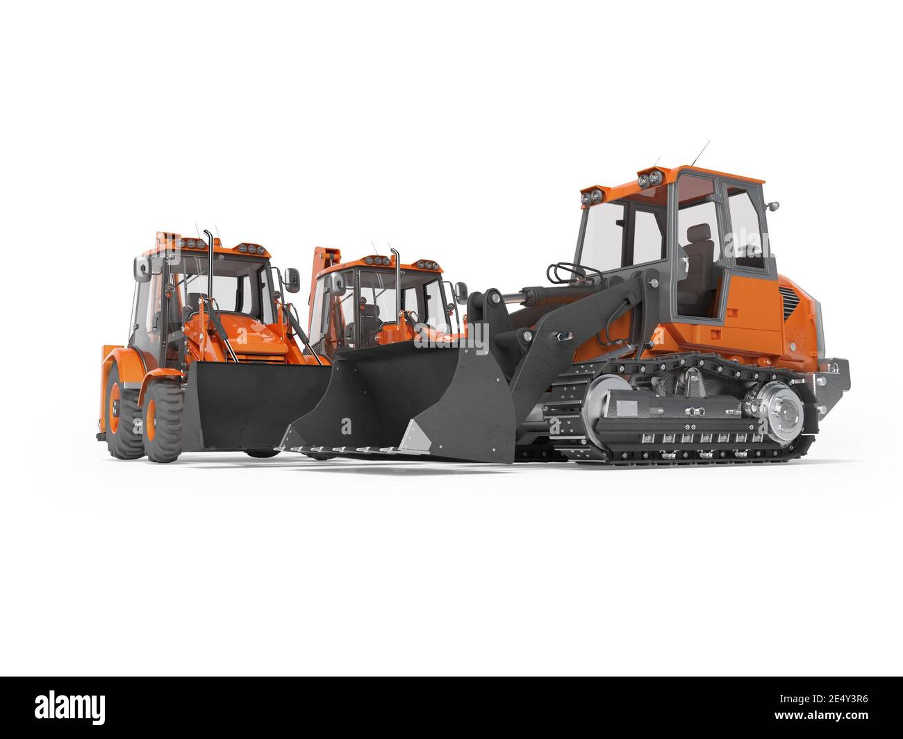 3D rendering of crawler excavator and two backhoe loader on white ...