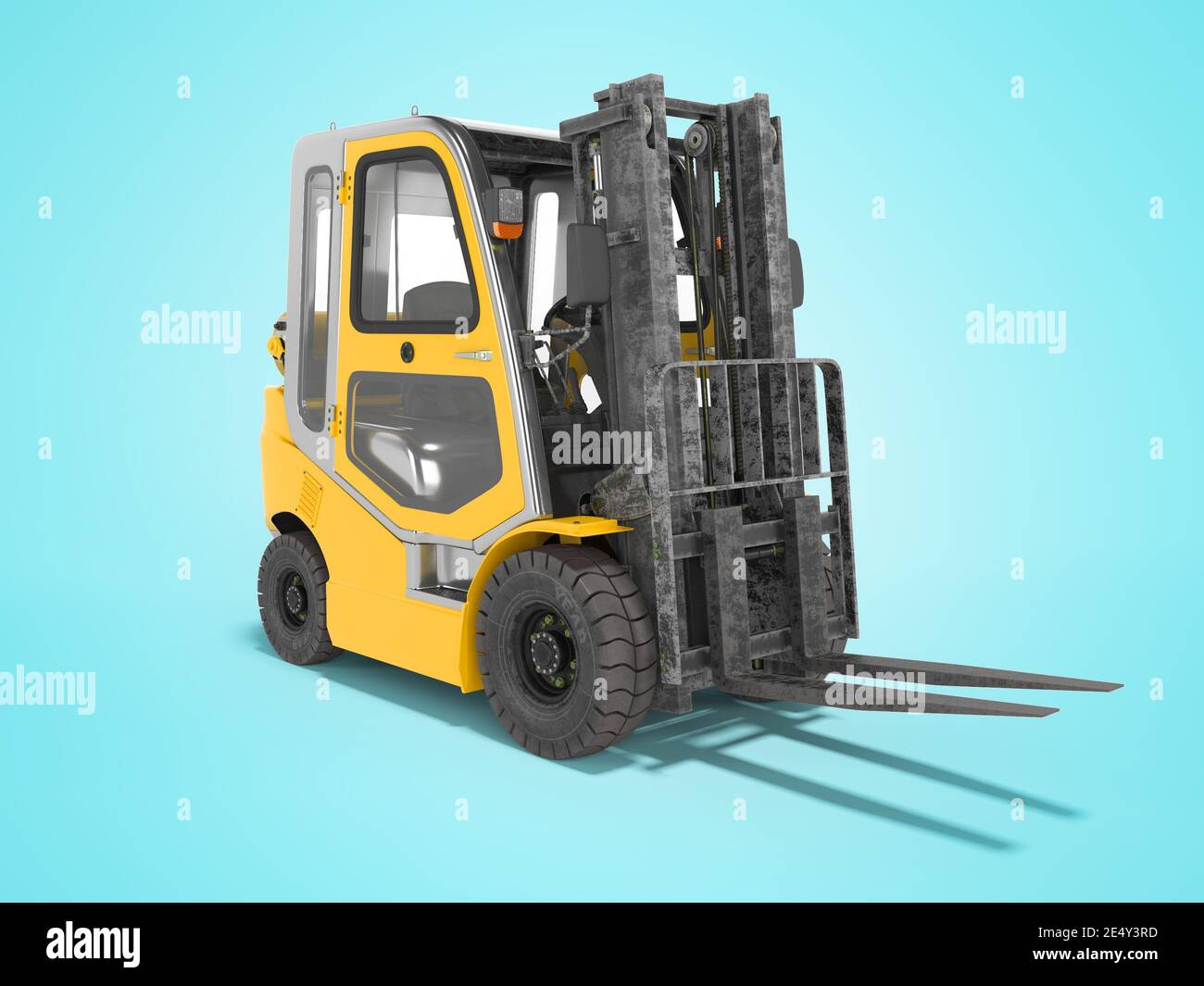 3d rendering of forklift with cab rear view on blue background with ...