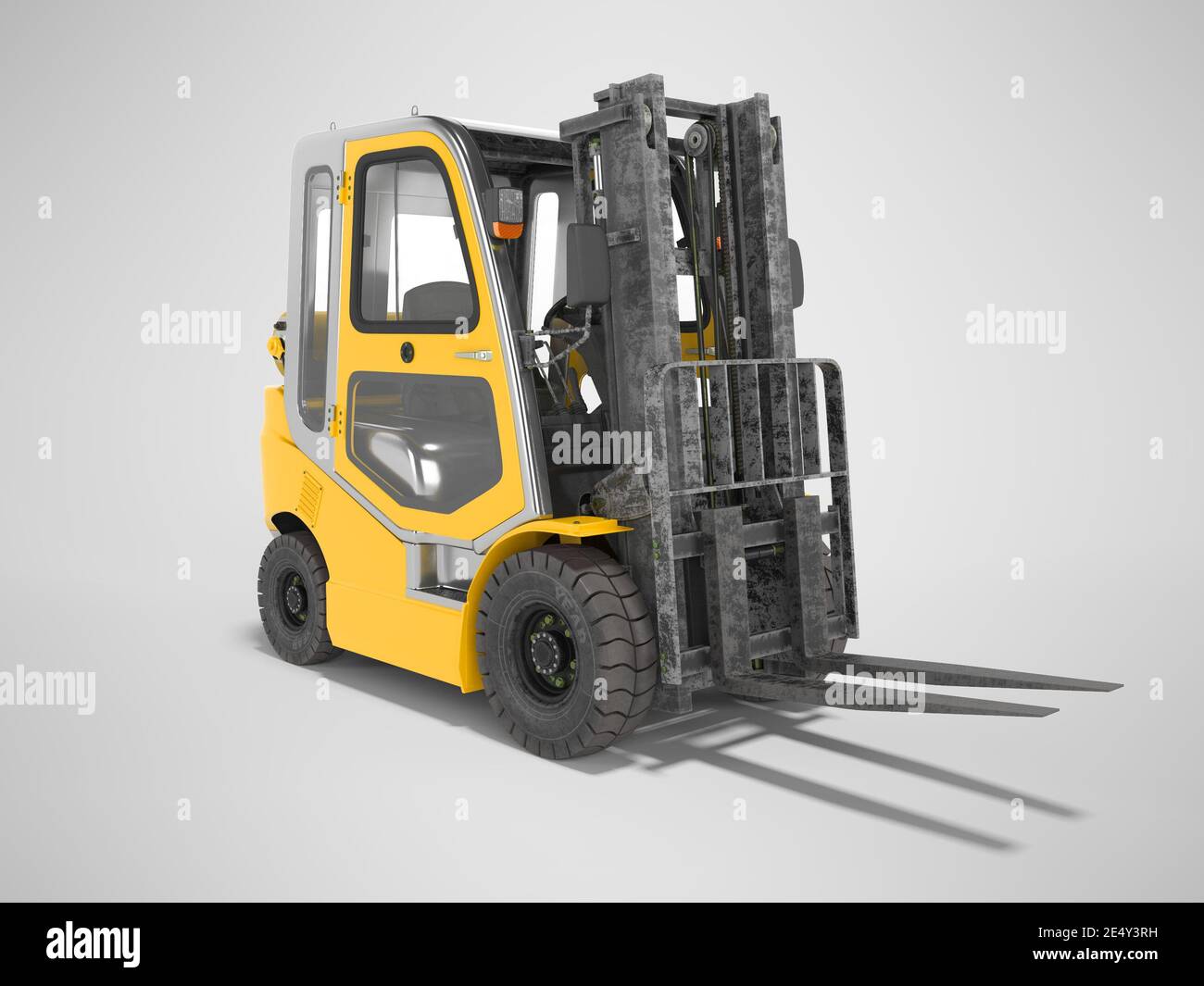 3d rendering of forklift with cab rear view on gray background with ...
