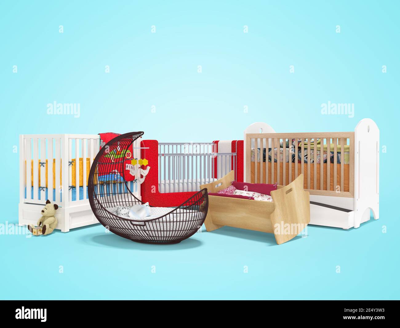 3d rendering of group bed for sleeping baby on blue background with ...