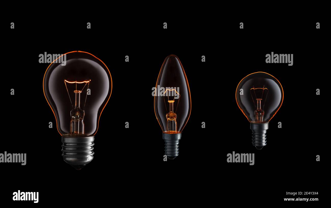 Collection of light bulbs with fire and smoke on black background Stock ...