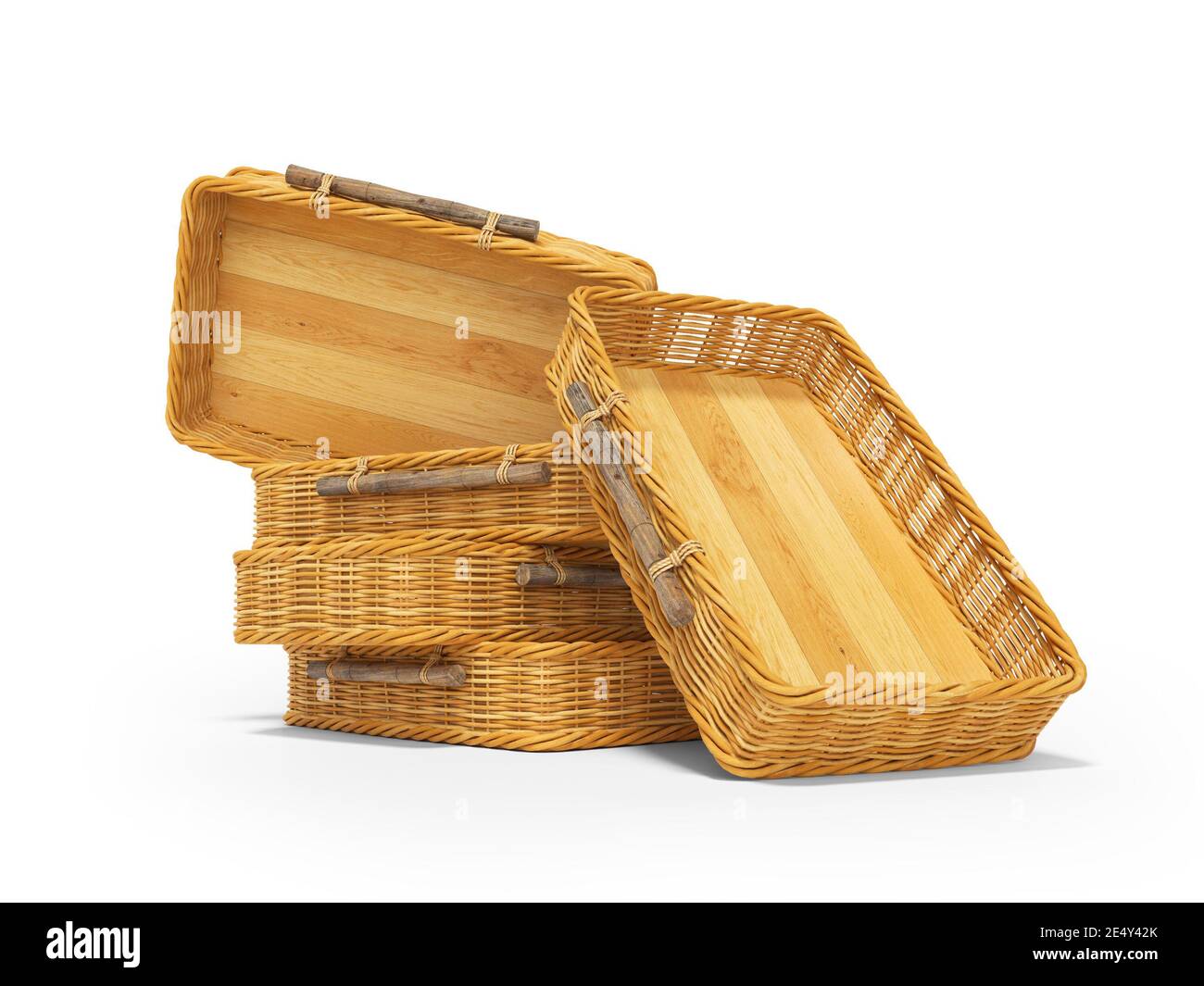 3d rendering of group wicker wooden boxes on white background with ...