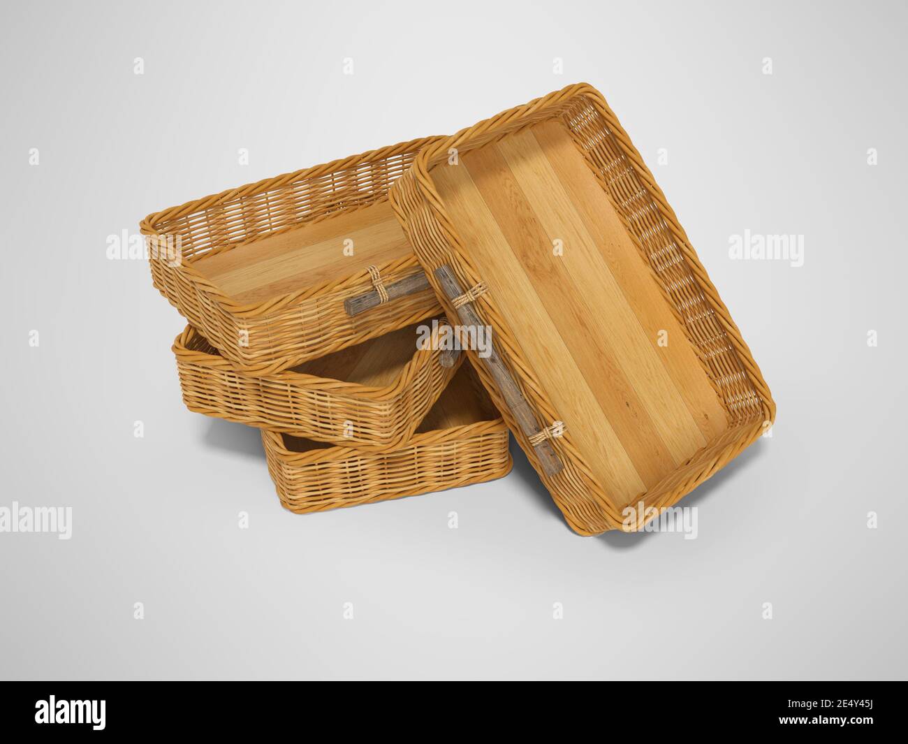 3d rendering of group wicker wooden boxes perspective on gray ...
