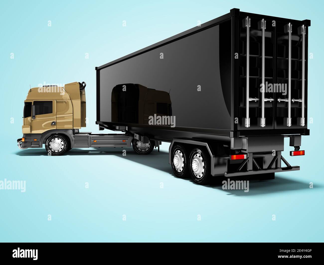 3D rendering of tractor unit with black trailer rear view on blue ...