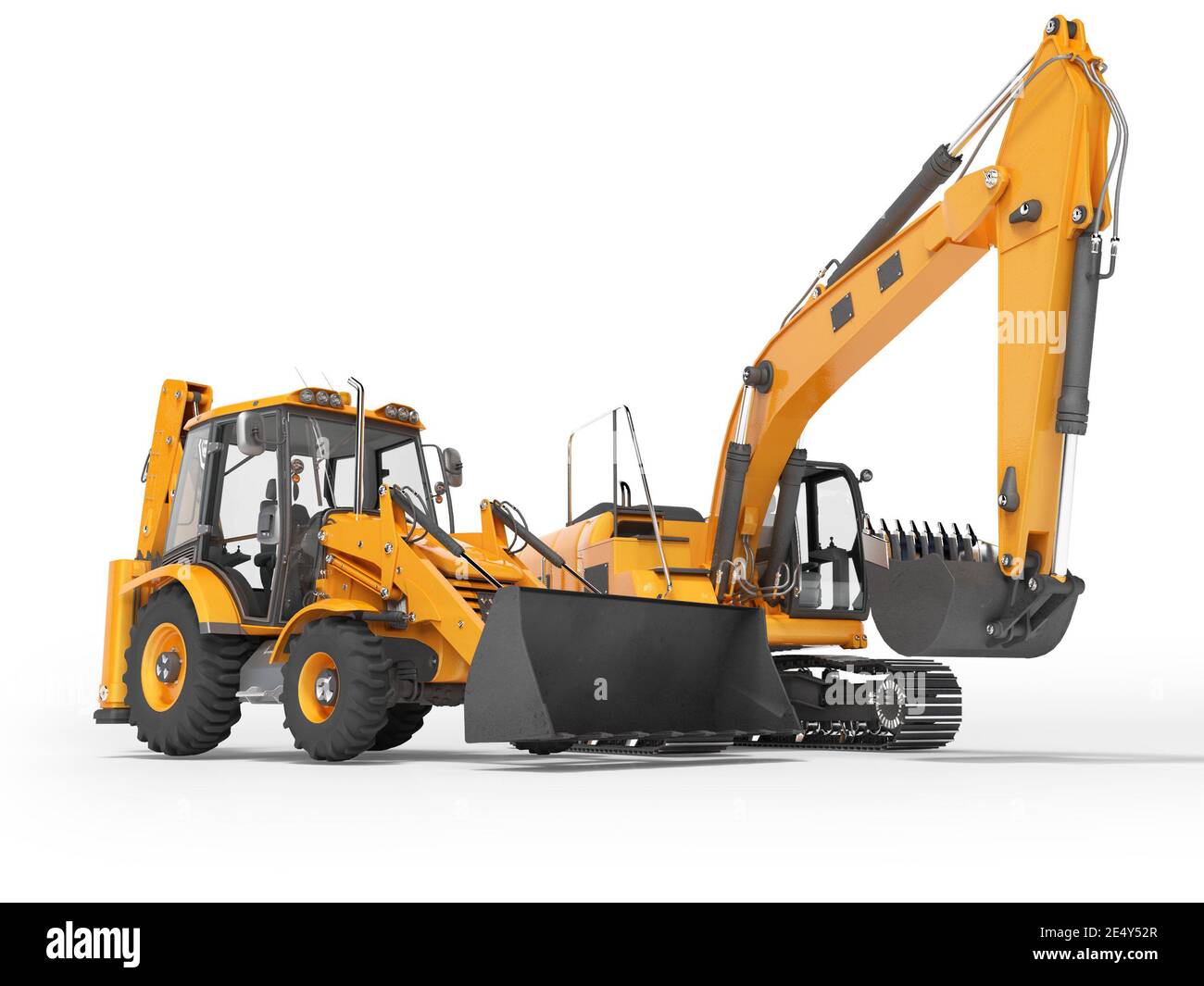 3d rendering orange construction machinery tractor and excavator on ...