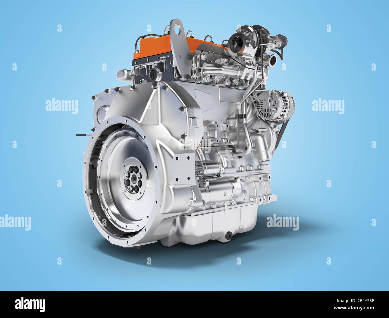 3D rendering orange engine for car assembly on blue background with ...