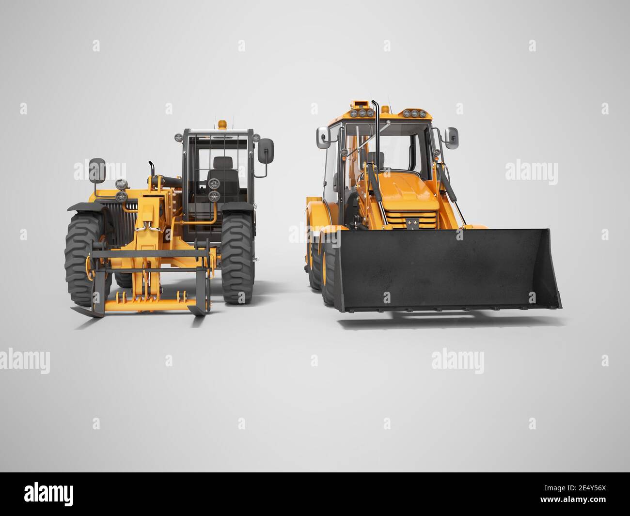 3d rendering orange loading equipment backhoe loader and excavator ...