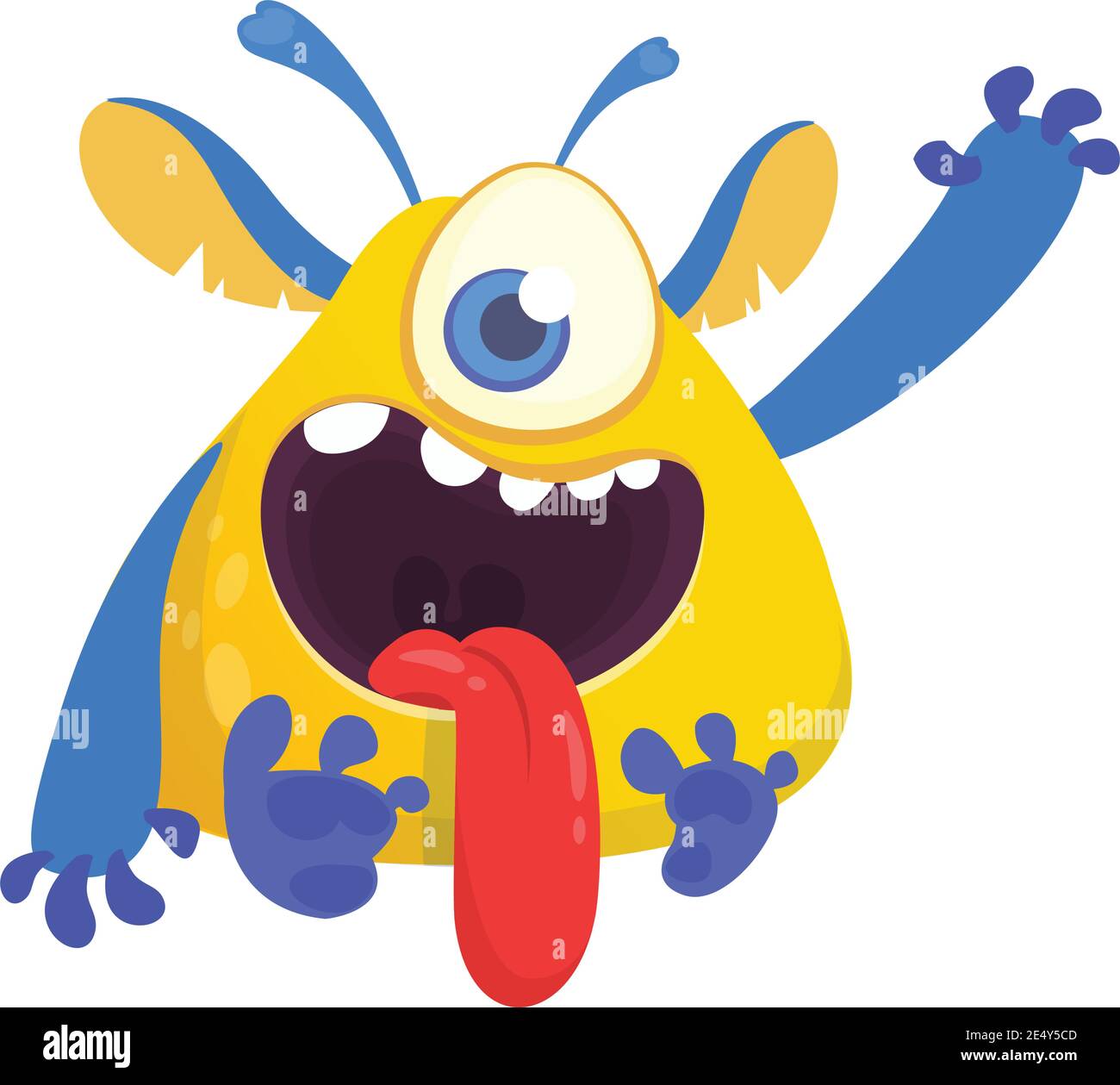 Scared cartoon yellow monster waving. Vector cute monster illustration ...