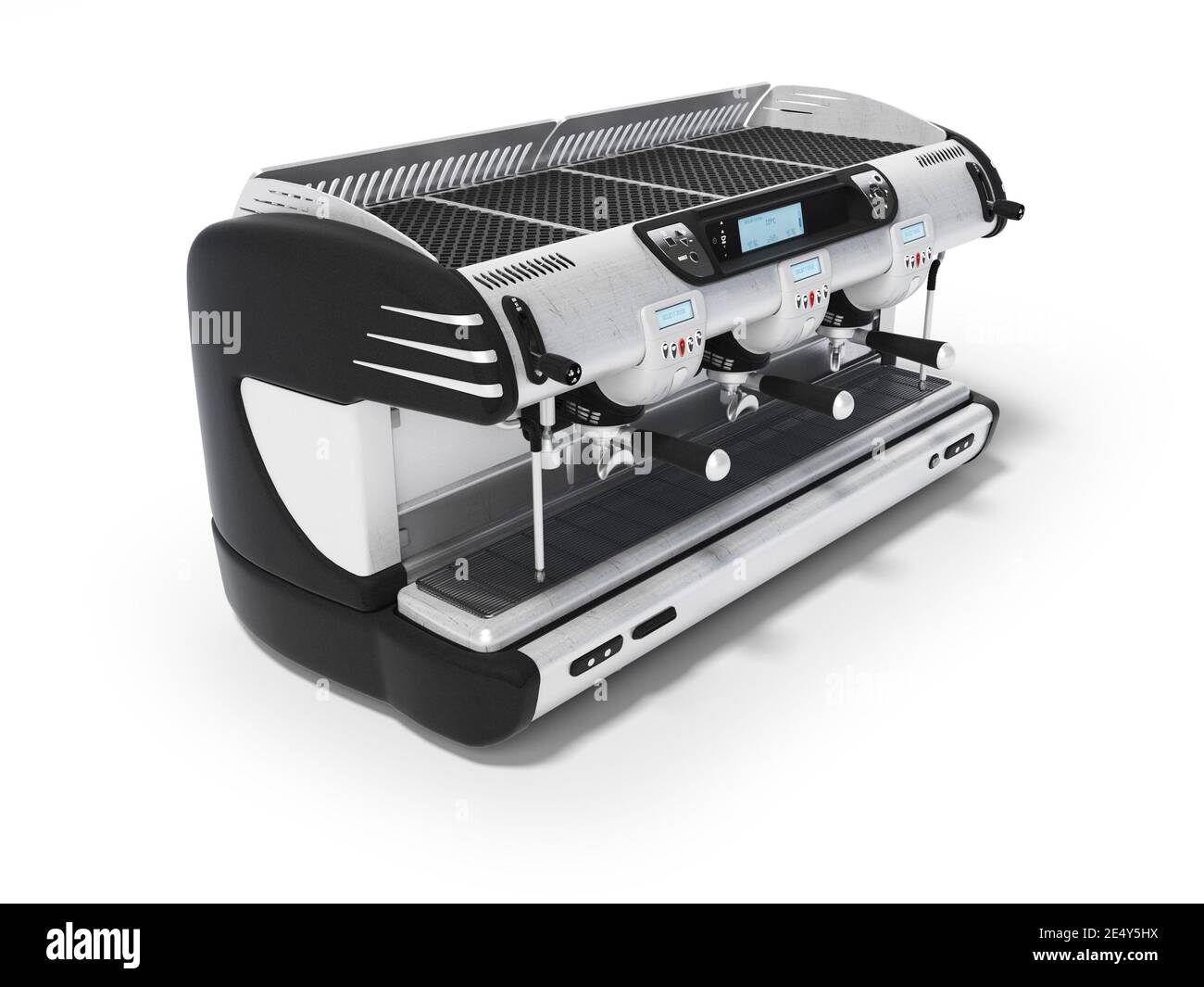 3D rendering professional metal coffee machine for three horns on white ...