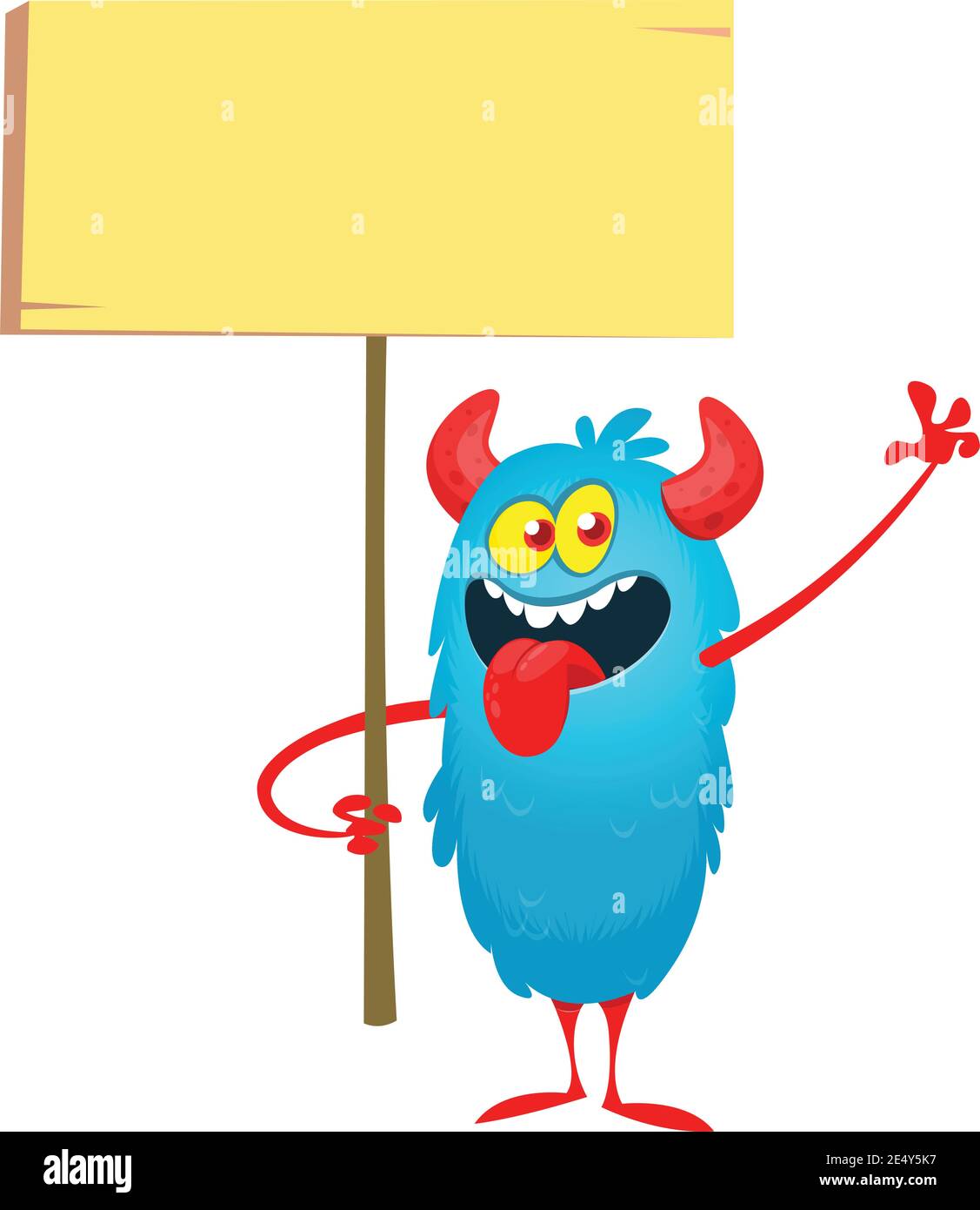 Funny cartoon monster holding blank wooden or paper board for text ...