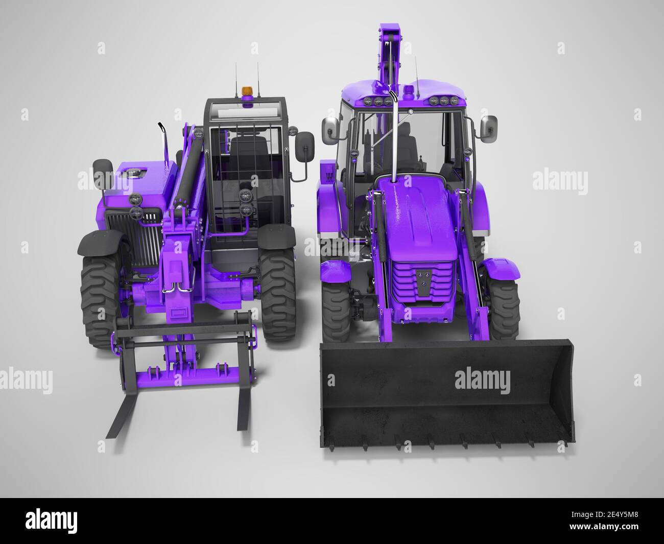 3D rendering purple loading equipment backhoe loader and excavator ...