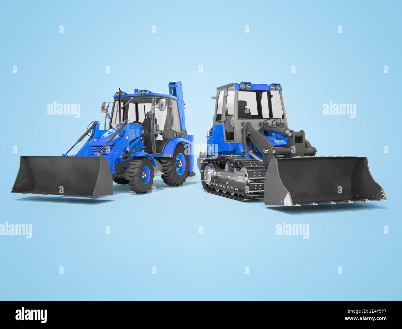 3d rendering set road machinery blue crawler excavator and backhoe ...