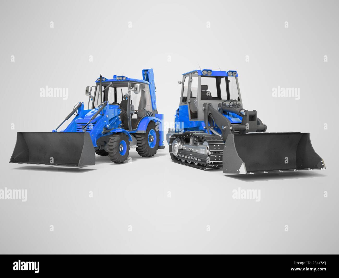 3d rendering set road machinery blue crawler excavator and backhoe ...