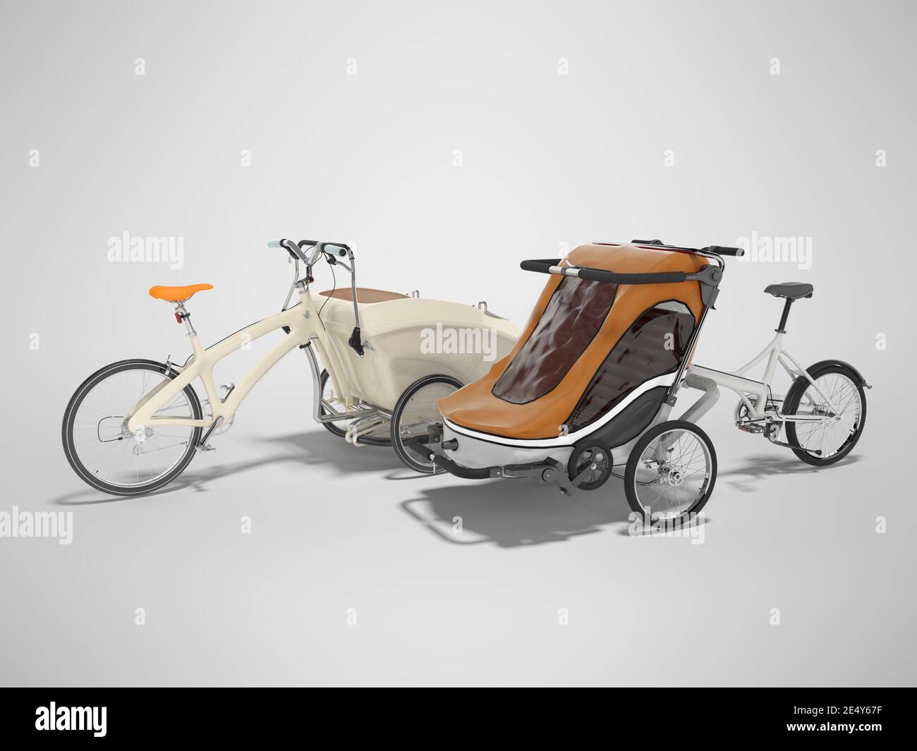 3D rendering two pram bicycle trailer on gray background with shadow ...