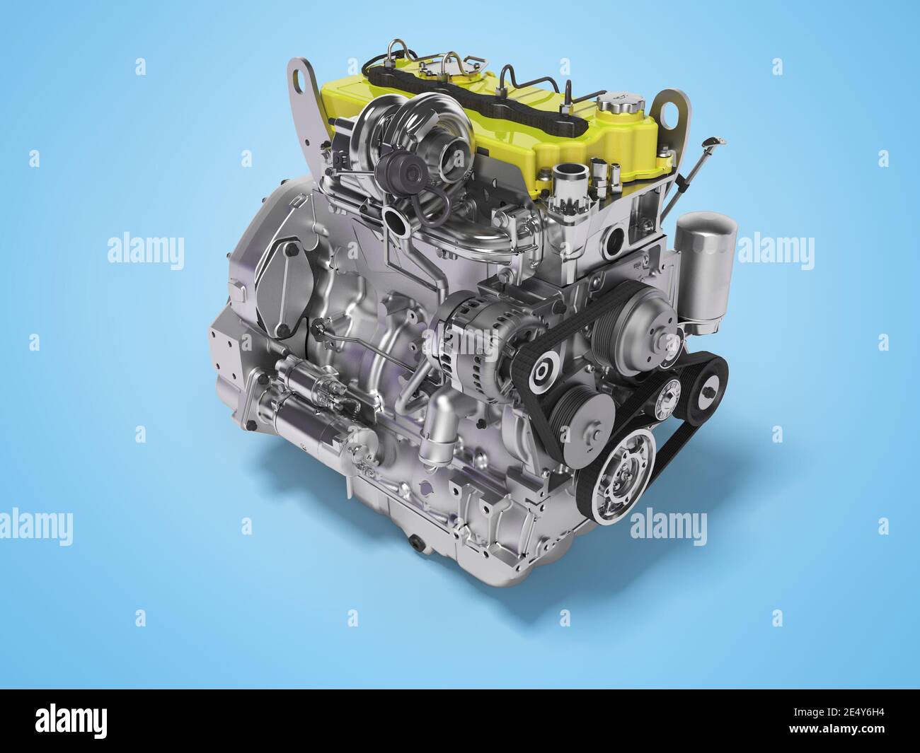 3D rendering yellow diesel engine for car perspective on blue ...