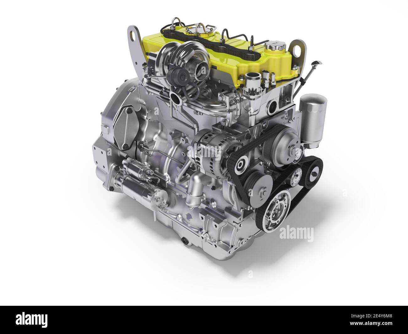 3D rendering yellow diesel engine for car perspective on white ...