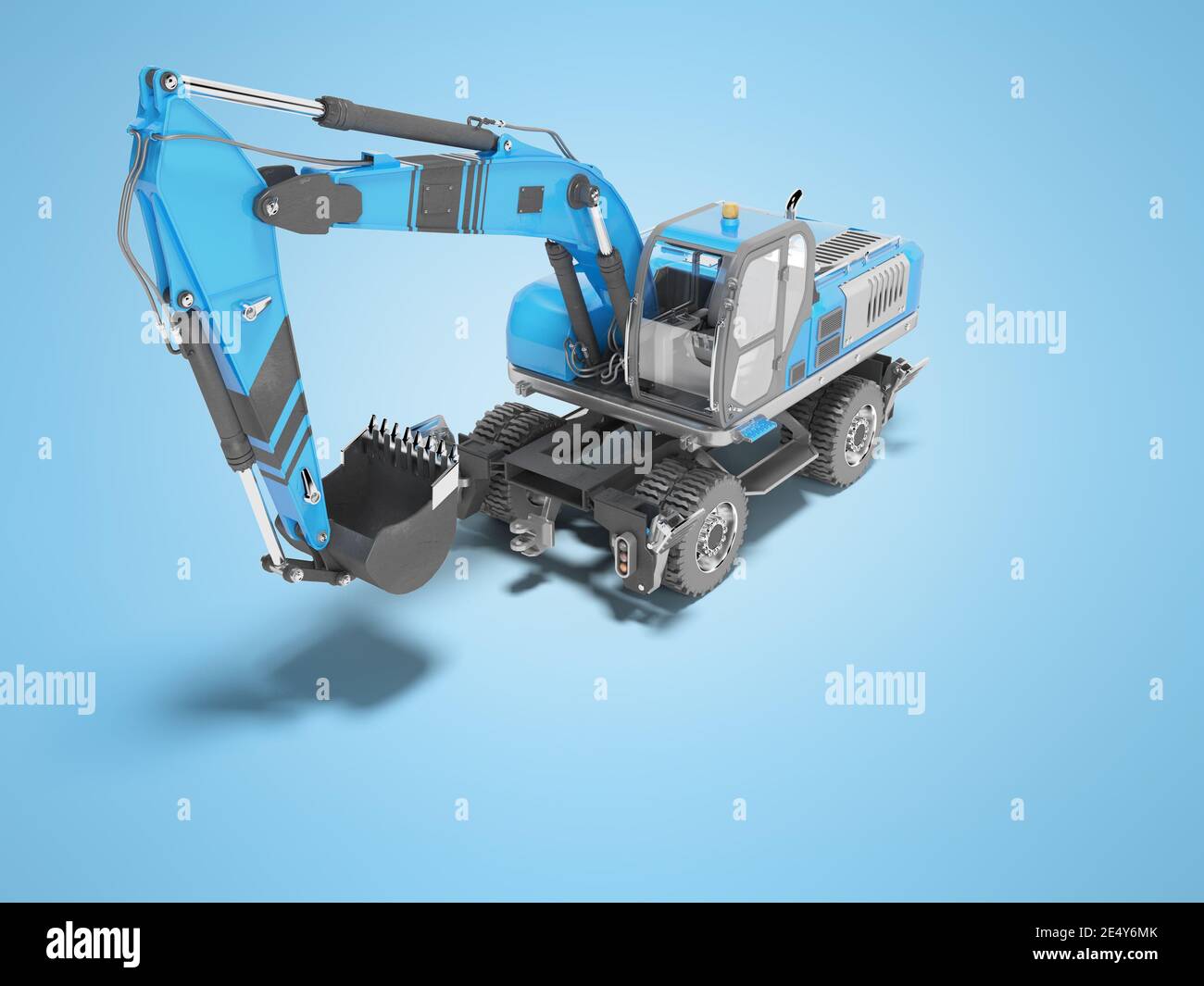 Blue hydraulic wheeled excavator perspective view 3D rendering on blue ...