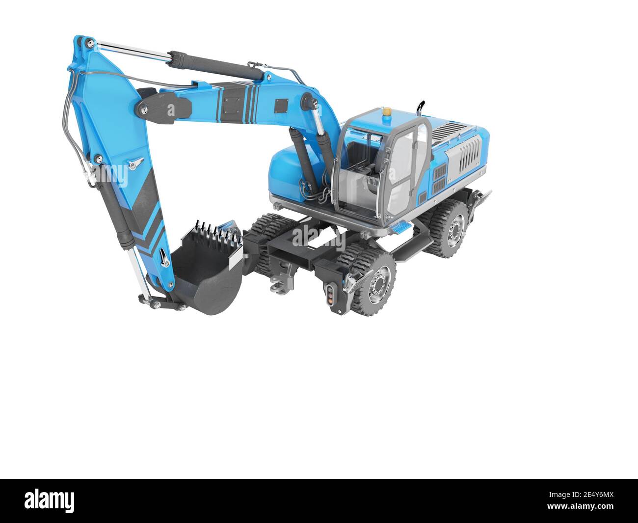 Blue hydraulic wheeled excavator perspective view 3D rendering on white ...
