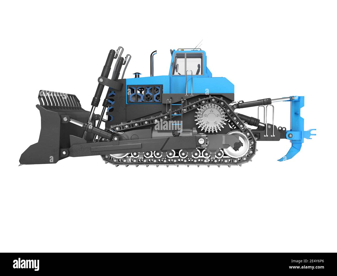 Heavy caterpillar bulldozer blue 3D rendering on white background no ...