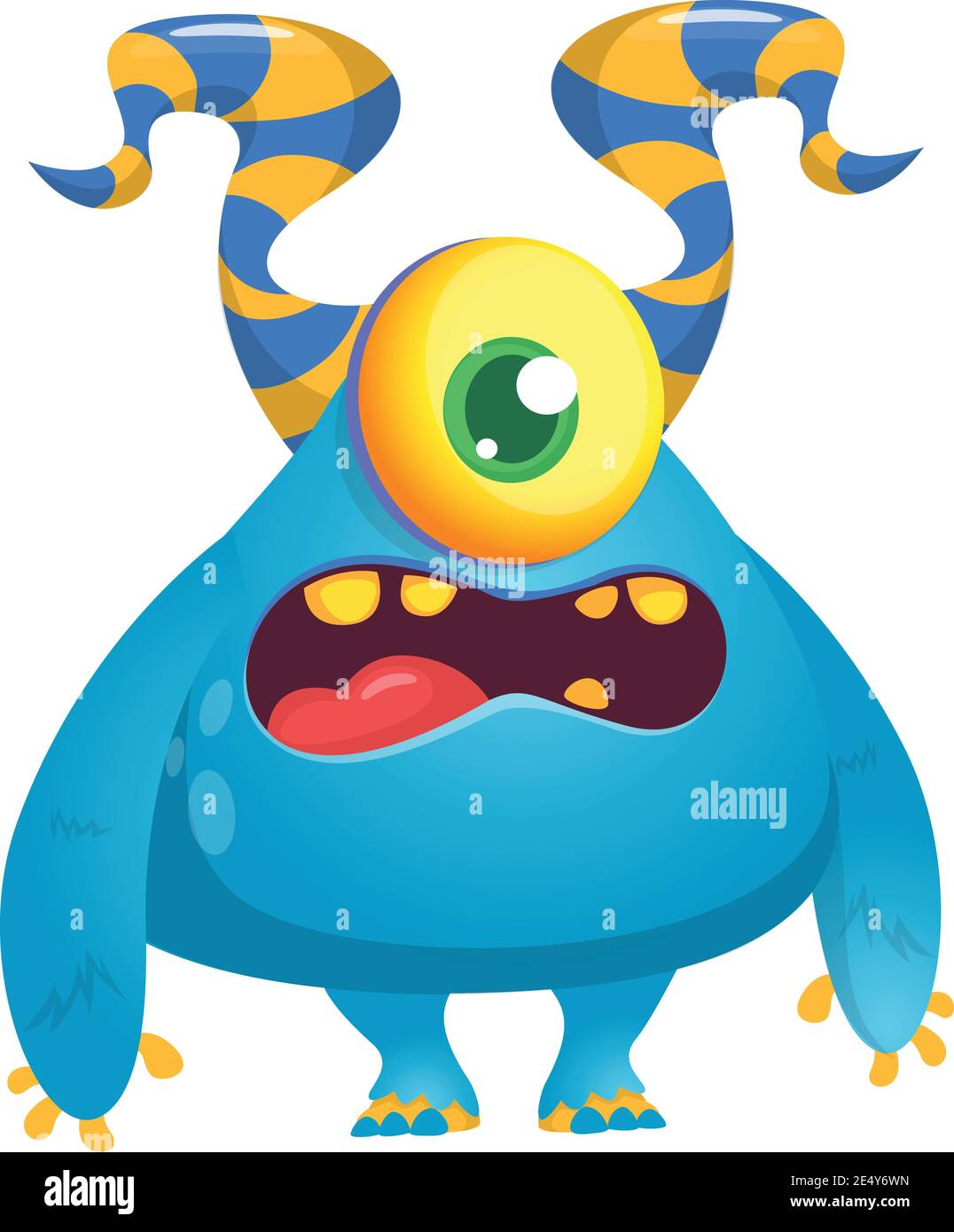Angry cartoon monster with horns and one eye. Smiling monster emotion ...