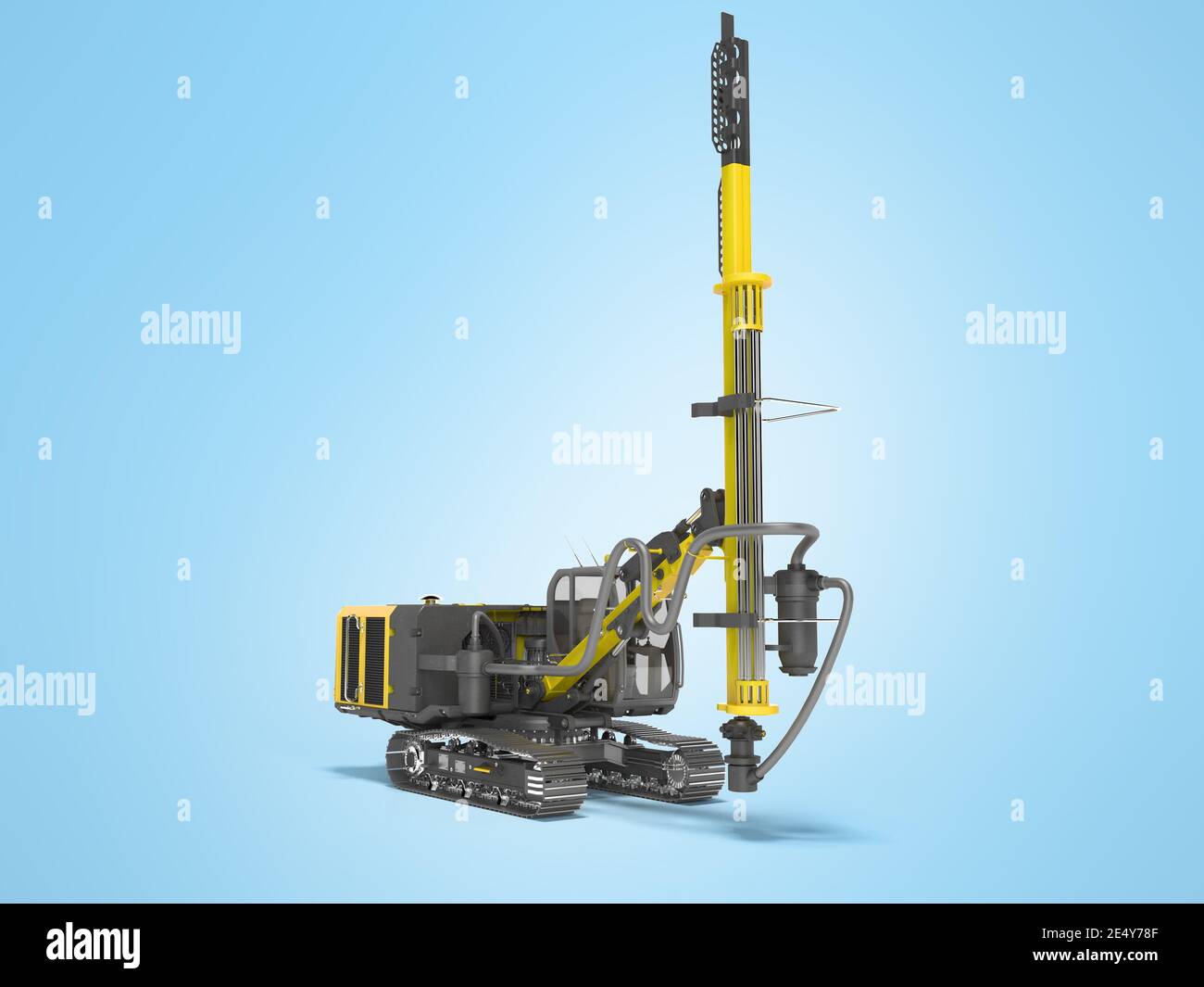 Yellow drill rig for drilling piles 3D rendering on blue background ...