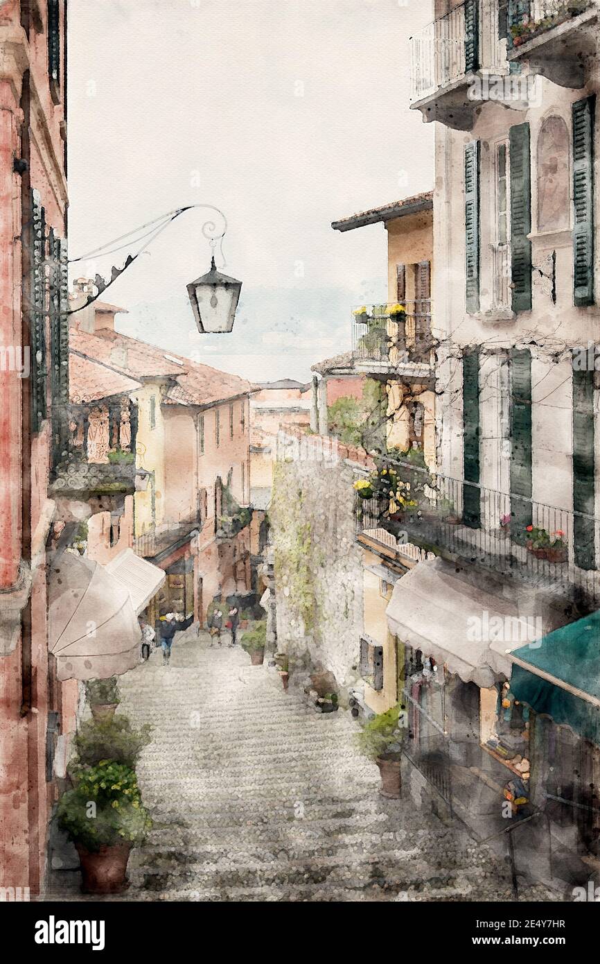 Bellagio on Lake Como in northern Italy. Watercolor Illustration Stock ...