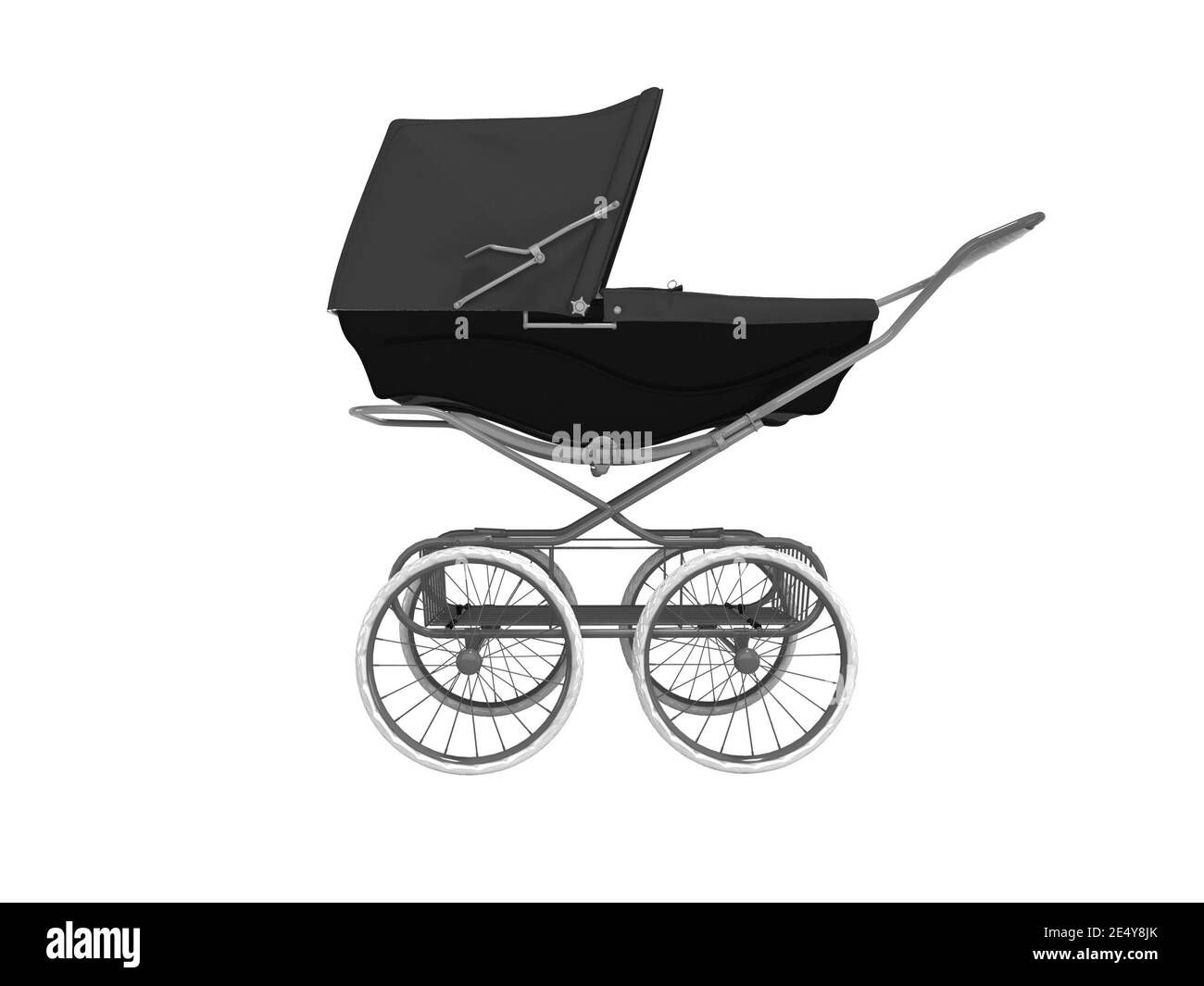 3D rendering black baby stroller with trunk in side view white ...