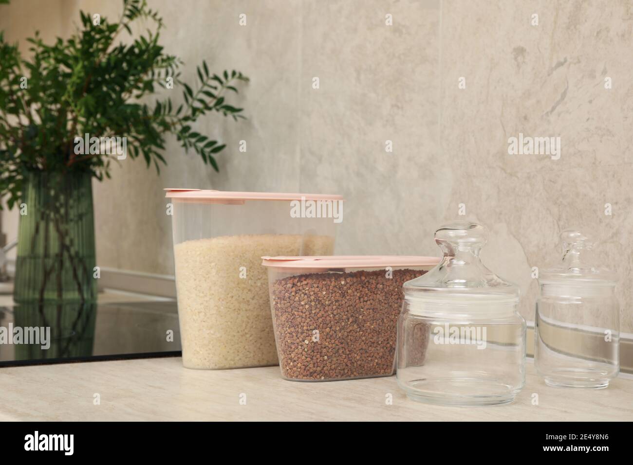 Modern kitchen interior with plastic containers with cereals Stock ...