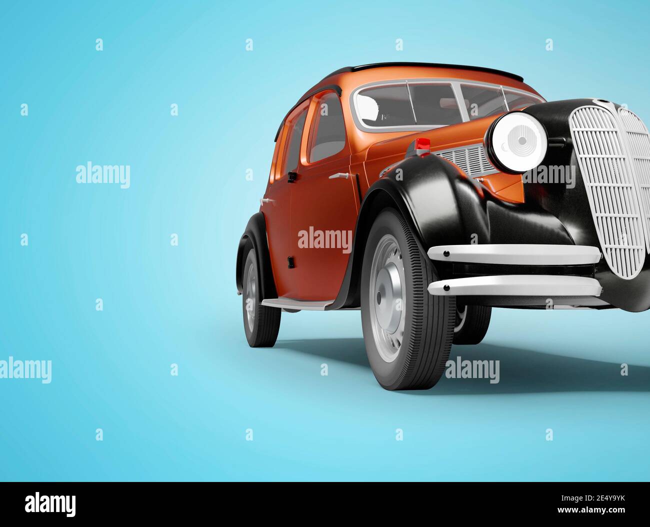 3D rendering classic retro car front red on blue background with shadow ...