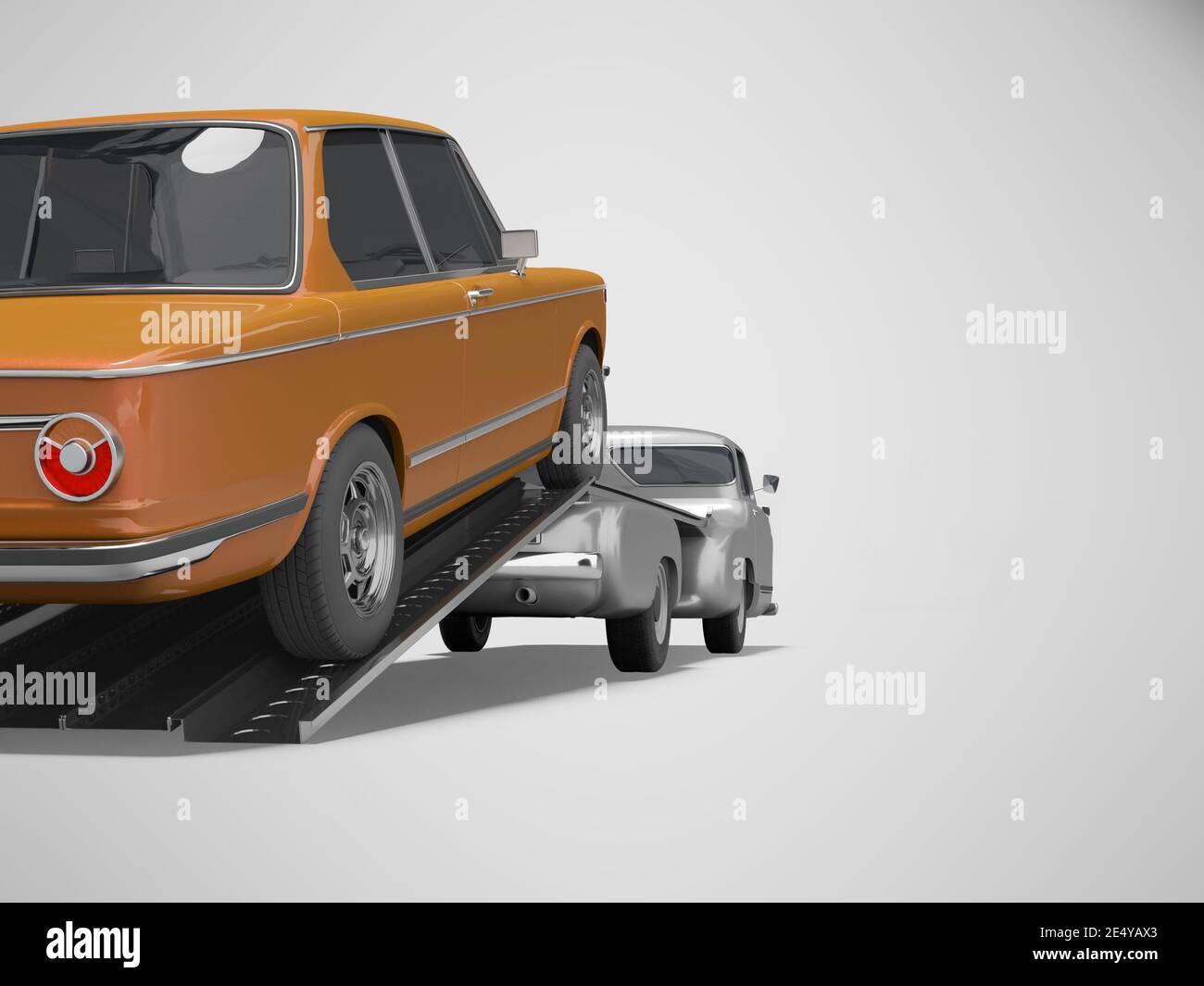 3d rendering concept of loading car on tow truck isolated rear view on ...