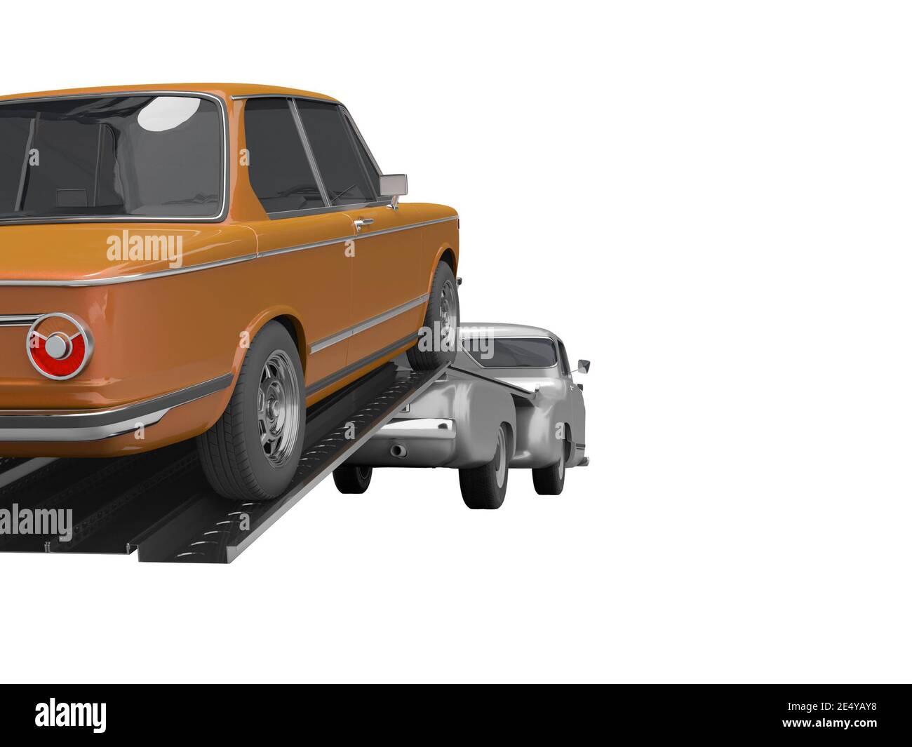 3d rendering concept of loading car on tow truck isolated rear view on ...