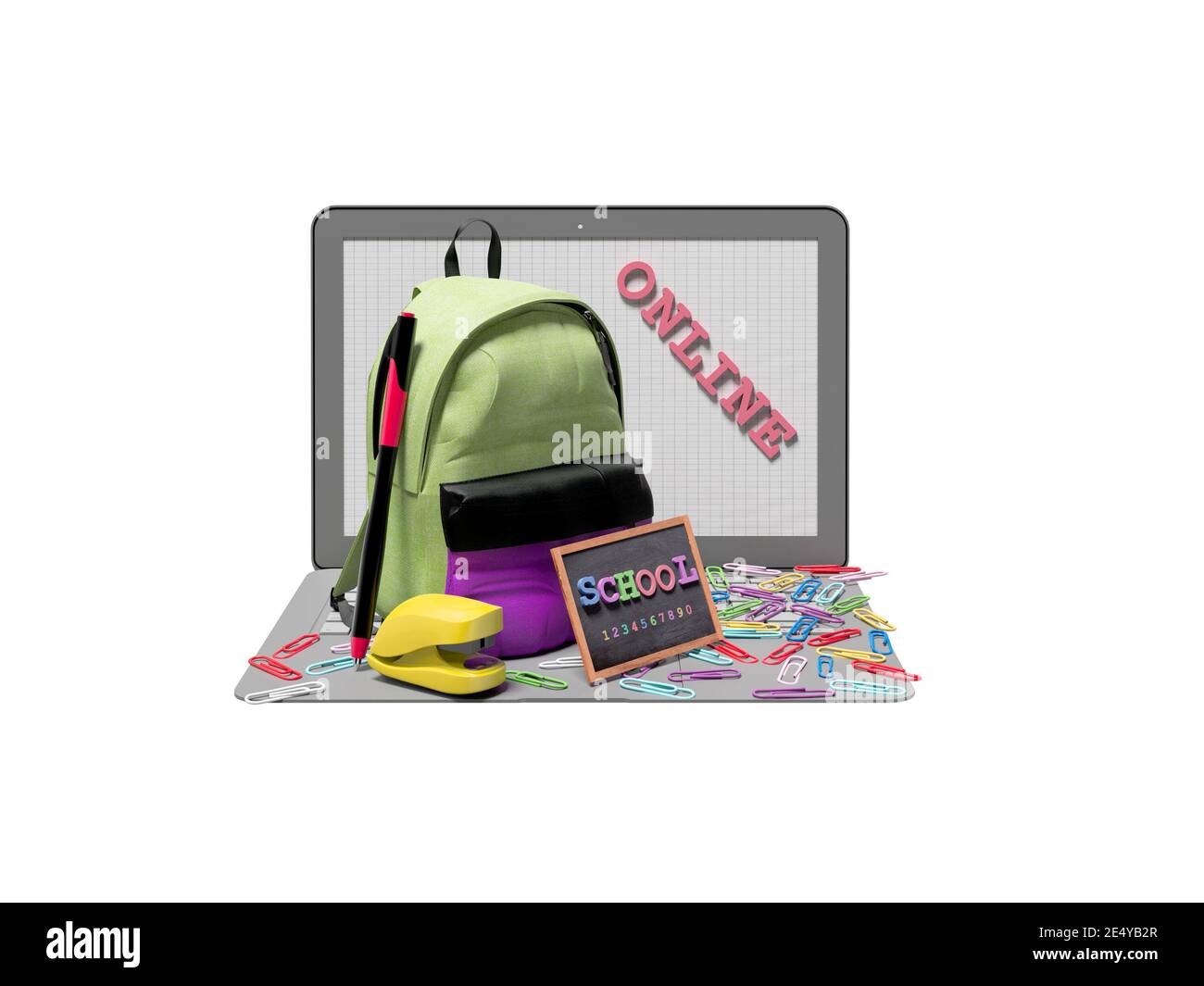 3d rendering concept of online learning at school on white background ...