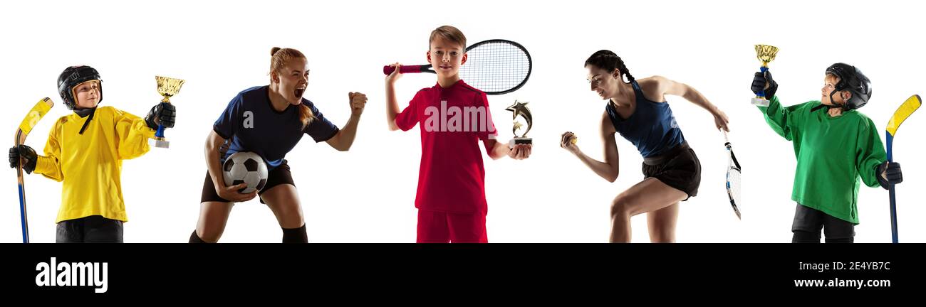 Champions. Portrait of young sportive people on white background. Flyer ...
