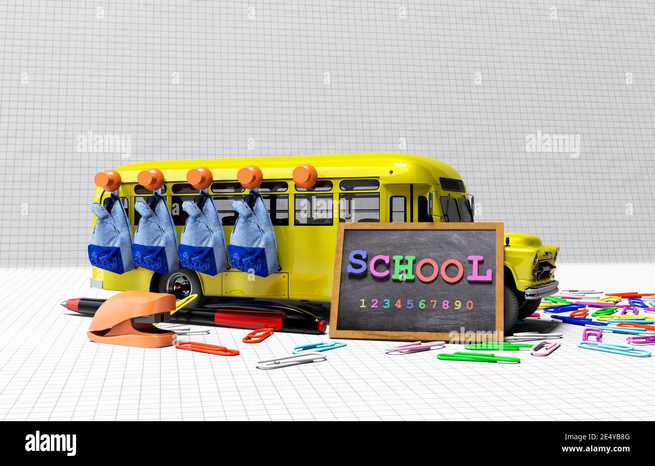 3d rendering concept school accessories ride school bus on white ...