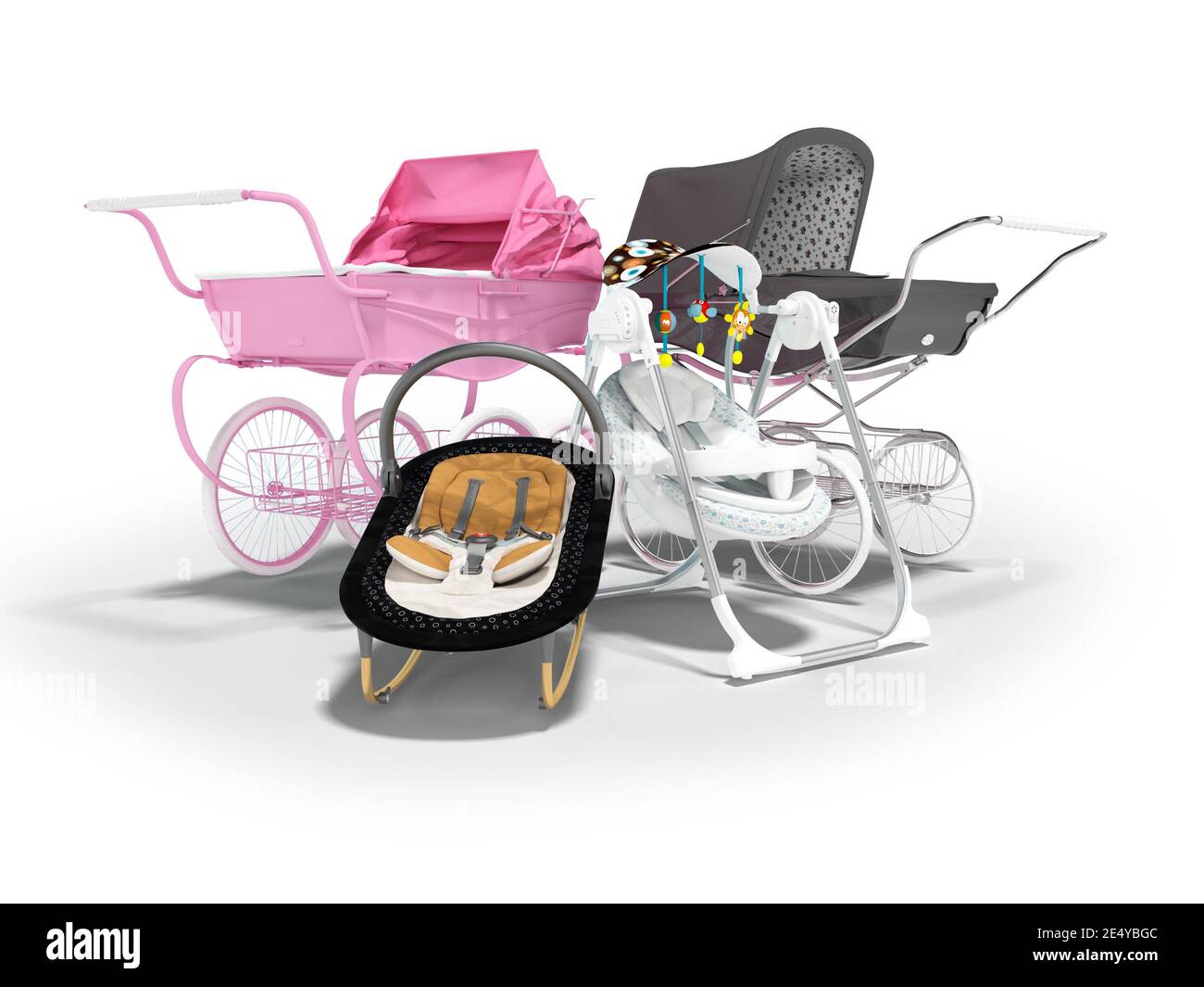 3d rendering concept set for sleeping baby, baby carriage pink and ...
