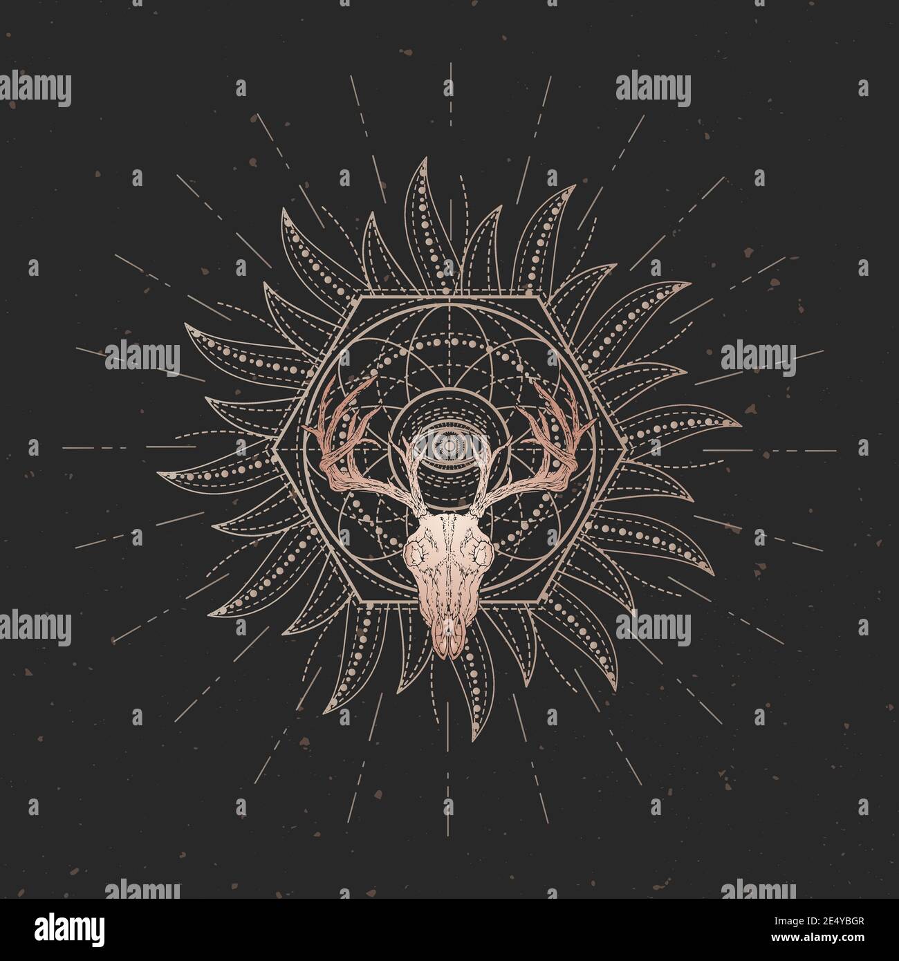 Vector illustration with hand drawn Stag skull and Sacred geometric ...