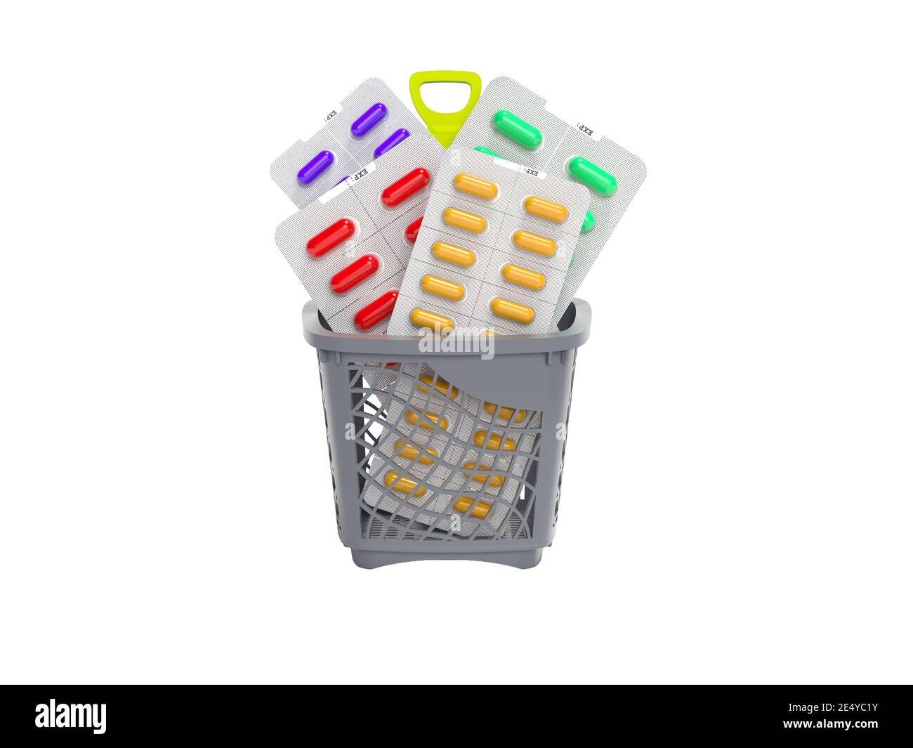 3d rendering concept vitamins in capsules in basket on white background ...