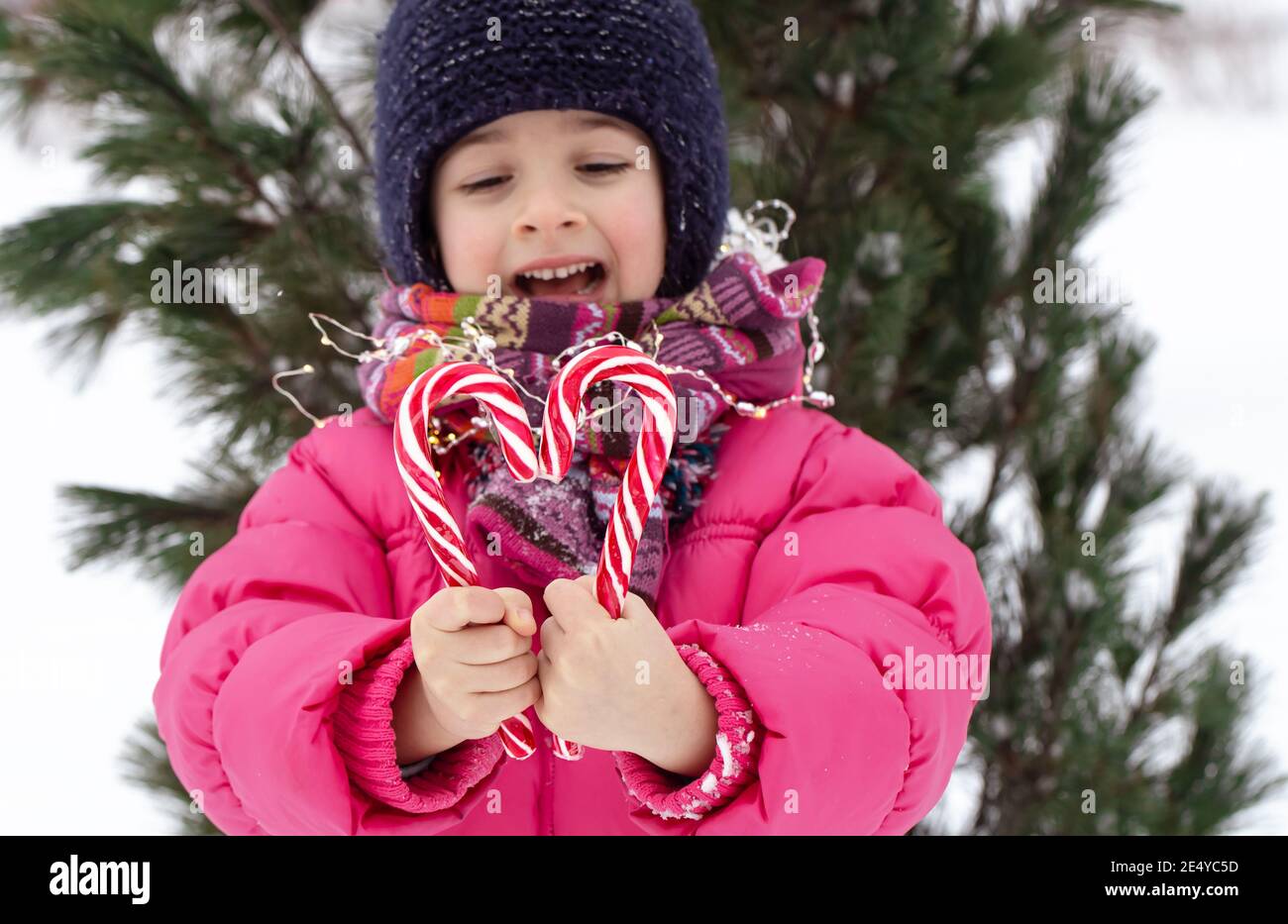 Happy child with a big candy canes under a christmas tree. Winter ...