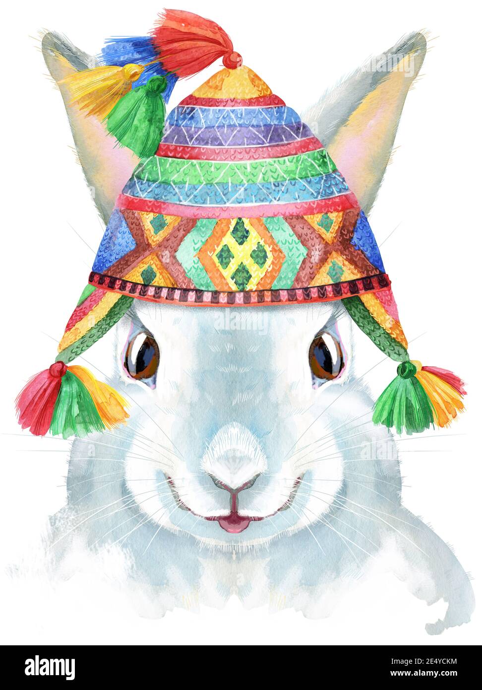 Cute white rabbit in Peruvian hat on white background with splashes ...