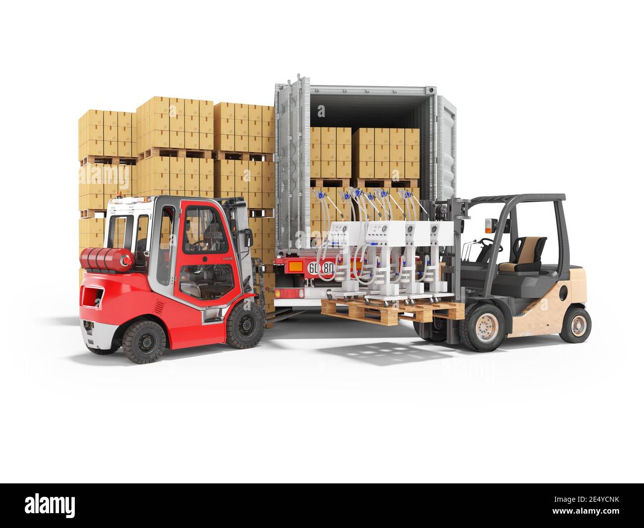 3d rendering group of forklift truck loading medical equipment into ...