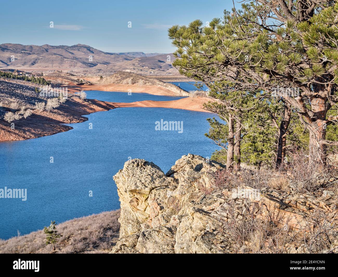 fall or winter scenery of mountain lake at foothills of Rocky Mountains ...