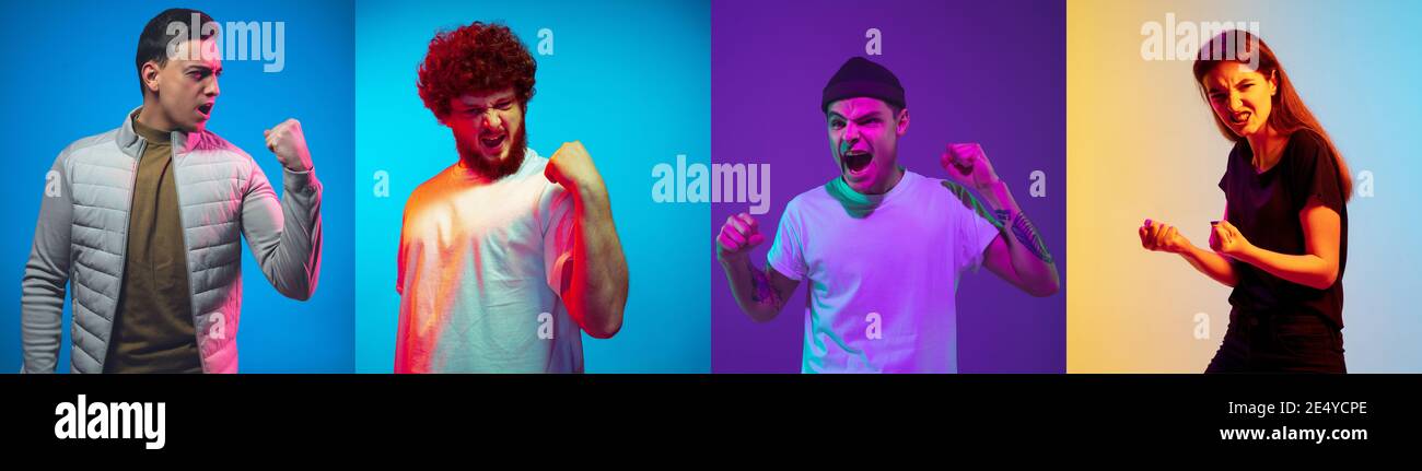 Celebrating. Portrait of young cheerful people on neon gradient ...