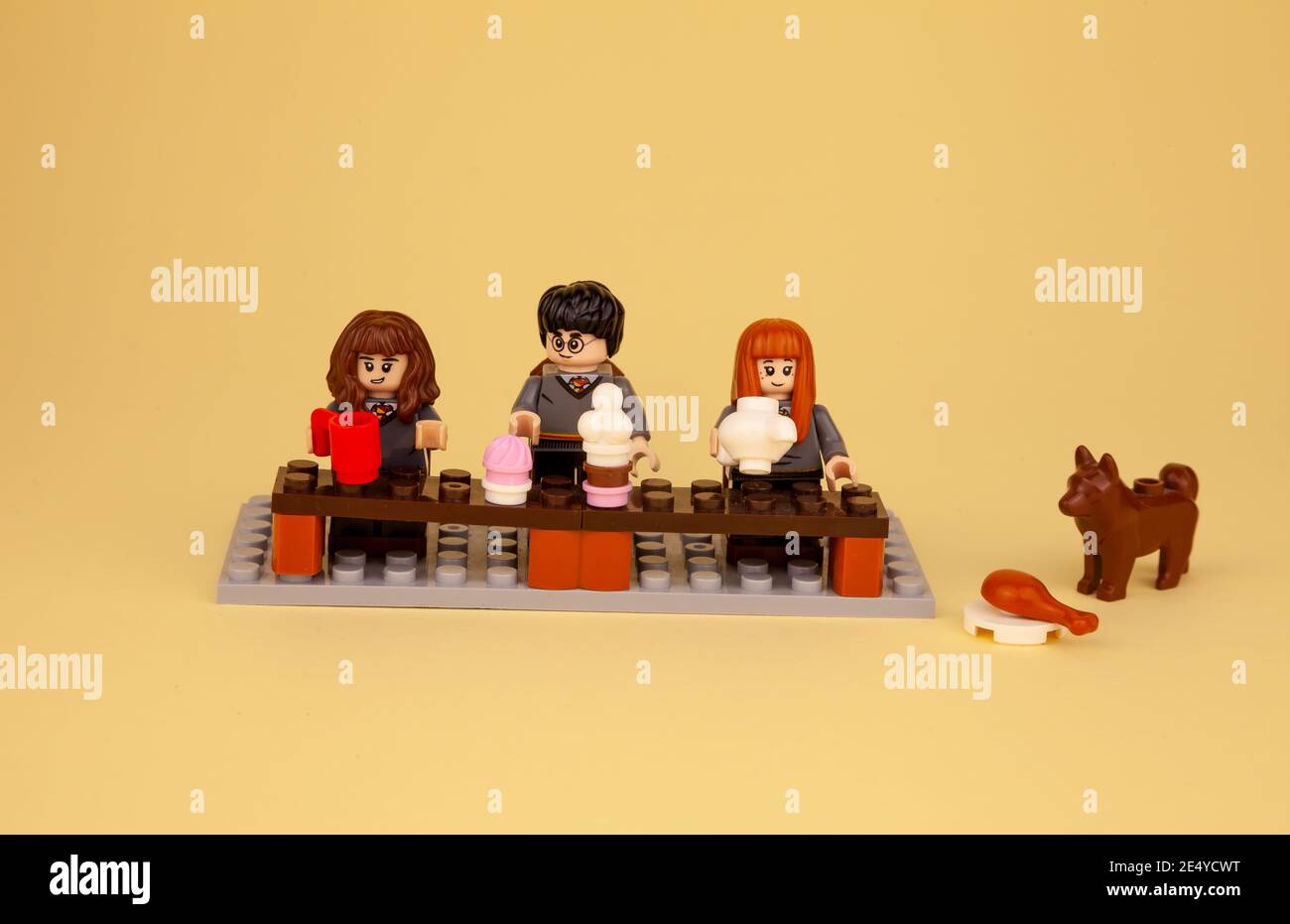 Ukraine, Kyiv - April 3, 2020: Lego figures stay at home and drink from ...